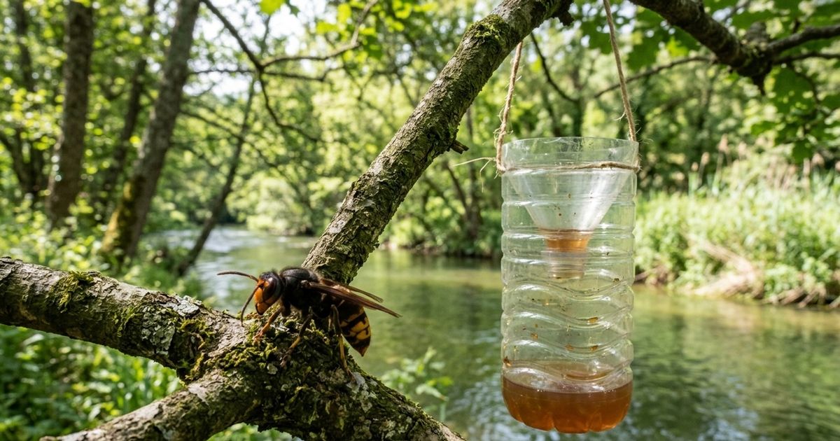 Uma garrafa reciclada está sendo usada como armadilha para vespas ...