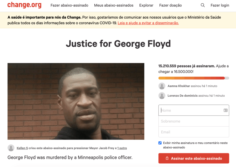 Recorde: 15 milhões assinam petição por justiça a George Floyd