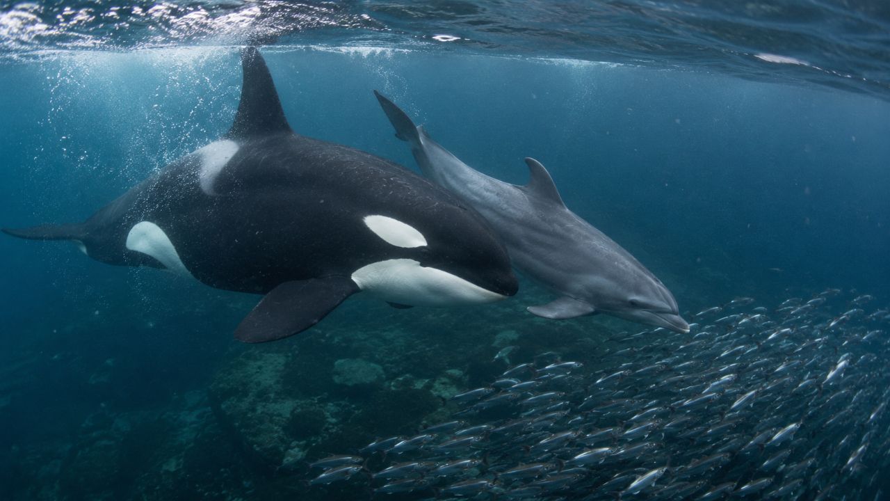 Orcas e golfinhos unem-se para caçar salmões